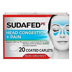 Sudafed PE Non-Drowsy Head Congestion + Pain Relief Caplets with Ibuprofen 200 mg & Phenylephrine HCl 10 mg, Nasal Decongestant & NSAID Pain Reliever & Fever Reducer, 20 ct