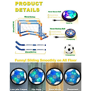 3 in1 Hover Soccer Hockey Balls for Kids, Hover Toys Set with 2 Goals USB Rechargeable LED Light Floating Ball Indoor Outdoor Sports Games, Ideal Gifts for 6-12 Boys Girls Blue