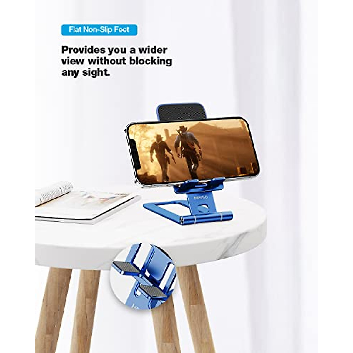 MEISO Cell Phone Stand, Fully Foldable Phone Holder for Desk, Desktop Mobile Phone Cradle Dock Compatible with iPhone, Samsung Galaxy, iPad Mini, Tablets Up to 10” (Navy Blue)
