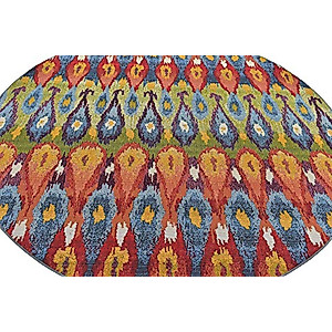 Unique Loom Outdoor Modern Collection Area Rug - Ikat (8' Round, Multi/ Burgundy)