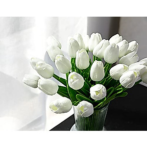 Nubry 30pcs Artificial Tulip Flowers Fake Real Touch Tulips Flower Bouquet for Wedding Arrangements Centerpieces Home Decoration (White)