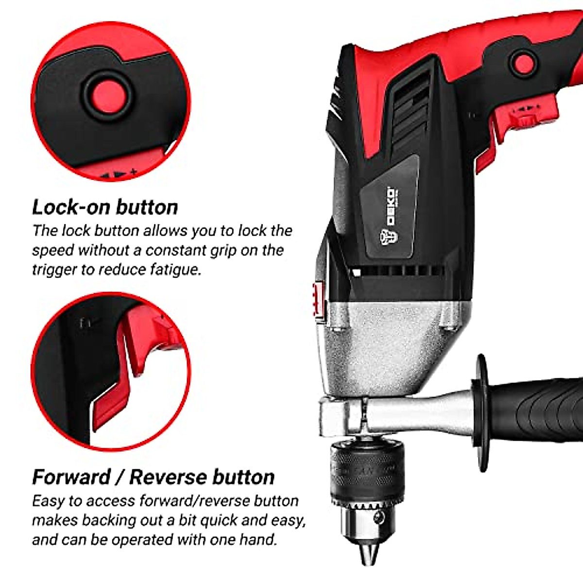 DEKOPRO 8Amp 1/2-inch Corded Impact Drill with 12pcs Accessories, Variable Speed 0-2800, Hammer and Drill 2 Functions in 1, 360°Rotating Handle, Depth Gauge, Carrying Case Included