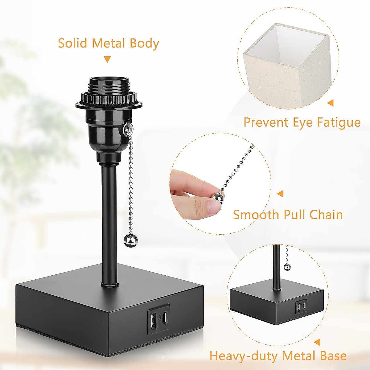 GGOYING Bedside Table Lamp, Pull Chain Table Lamp with 2 USB Charging Ports, 2700K LED Bulb, Fabric Linen Lampshade, Nightstand Lamp for Livingroom Bedroom Office Reading Working