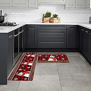Kitchen Mat Rug Set of 2 Christmas Snowman Snowflake on Red and Black Buffalo Check Runner Rug Anti-Fatigue Comfort Memory Foam Standing Mat Non-Slip Floor Door Mat for Bedroom 18x30in+18x60in
