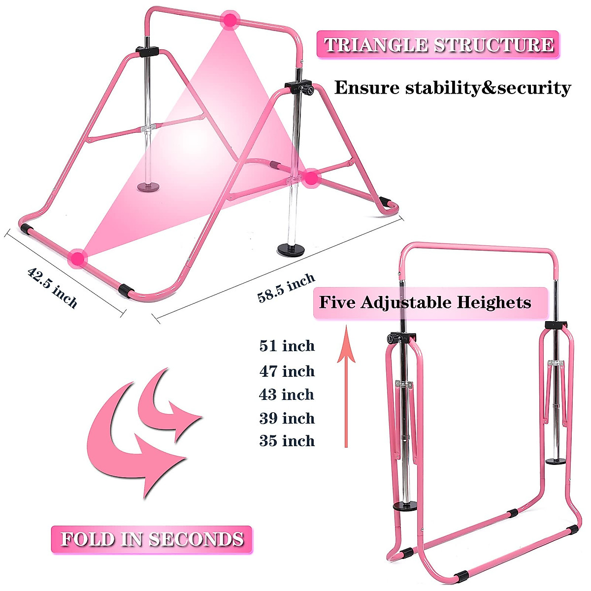 AMRTA Gymnastics Bars for Home with Rings Set Pink, Adjustable Height Training Balance Kip Monkey Bar Folding Horizontal Gymnastic Equipment, for Kids Children Junior Toddler Baby Ages 3-10