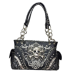 Zzfab Embroidered Concealed Carry Western Handbag Rhinestone Studded Skull Purse