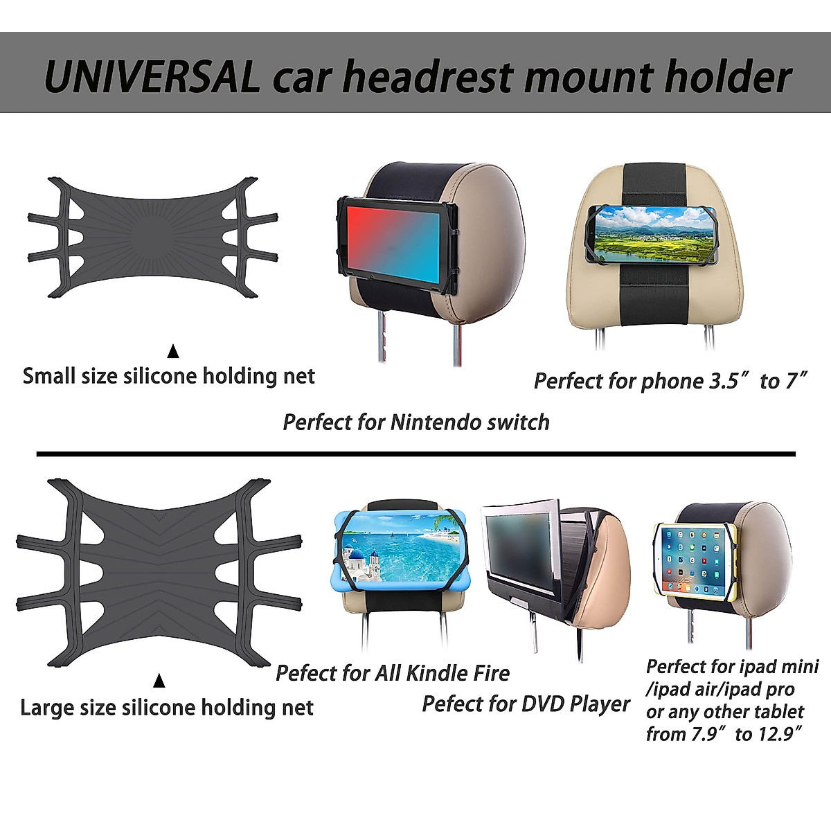 HTLAKIKJ Phone Tablet Mount Holder for Car Headrest Fits 3.5-12.9 Inch Cell Phone/Tablets/Other Devices, Car Headrest Holder Compatible with iPhone/iPad/Fire HD in Back Seat for Kids