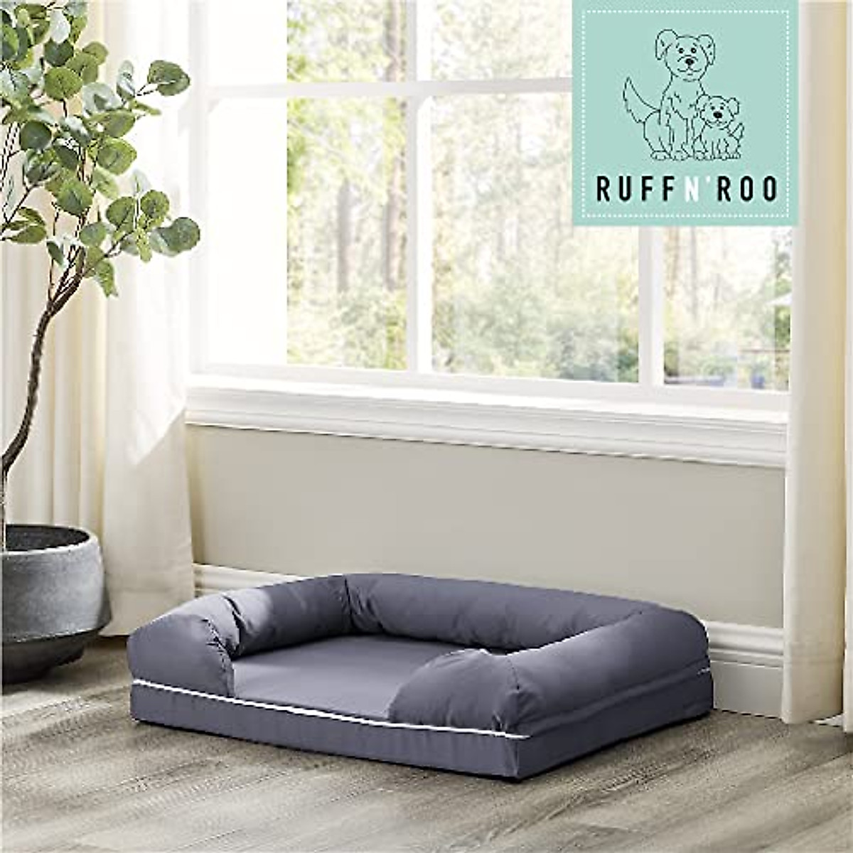 Classic Brands Ruff n' Roo Small Waterproof Bolster Cotton and Memory Foam Dog Bed with Non-Slip Bottom, Grey