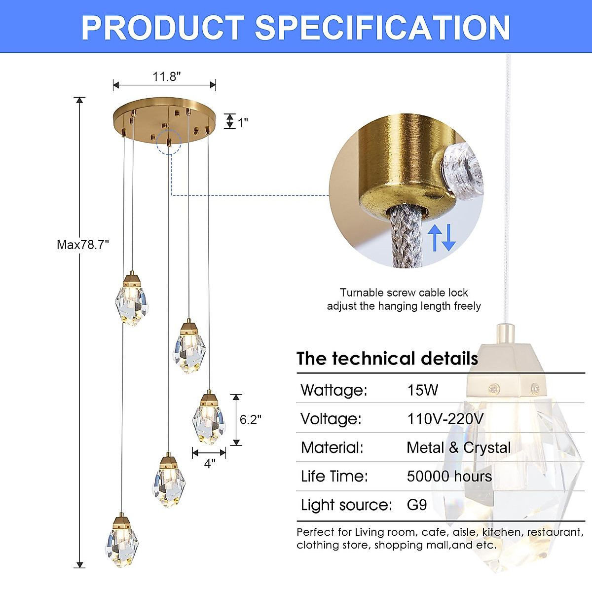 KOKAiZeeKi Dimmable Brass Gold Crystal Pendant Light - Modern 5-Light Diamond Chandelier for Kitchen Island, Dining Room, Hallway, and Bathroom