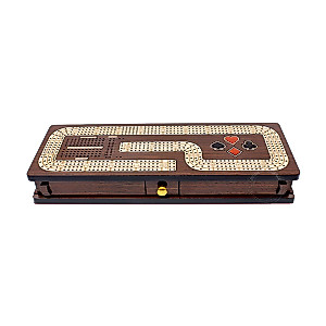 House of Cribbage - Continuous Cribbage Board/Box Inlaid in Wenge Wood/Maple : 4 Track - Cards & Pegs Storage Drawer with Score Marking Fields for Skunks, Corners and Won Games