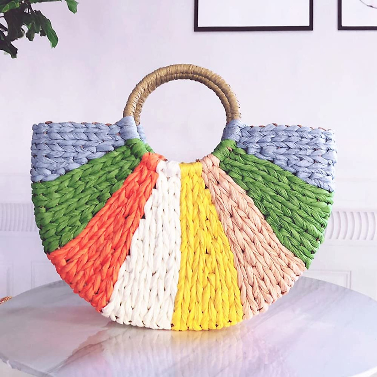 QTKJ Simple Retro Semi-circle Rattan Straw Bag Hand-Woven Round Women Straw Paper Handbag Summer Beach Bag Tote Straw Bag Purse (Colorful)