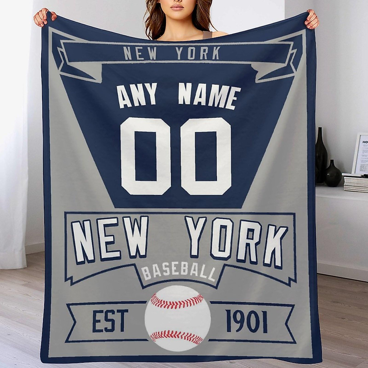 Custom Baseball City Throw Blanket New York Personalized Name Number for Men Women Youth Kids Oversized Soft Flannel Blanket Decorative for Bedroom Living Room