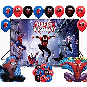 ERWYN23Pcs Miles Morales Spiderman Backdrop Happy Birthday Party Supplies Decoration Banner Photography Background Photo Studio Props Spiderman Balloons