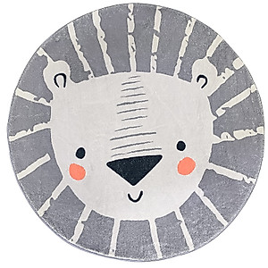 ABREEZE Kids Play Rug 4ft,Lion Round Area Rug Kids Nursery Door Mat Soft Plush Non-Slip Childrens Carpet for Bedroom Living Room Kids Playroom,Grey