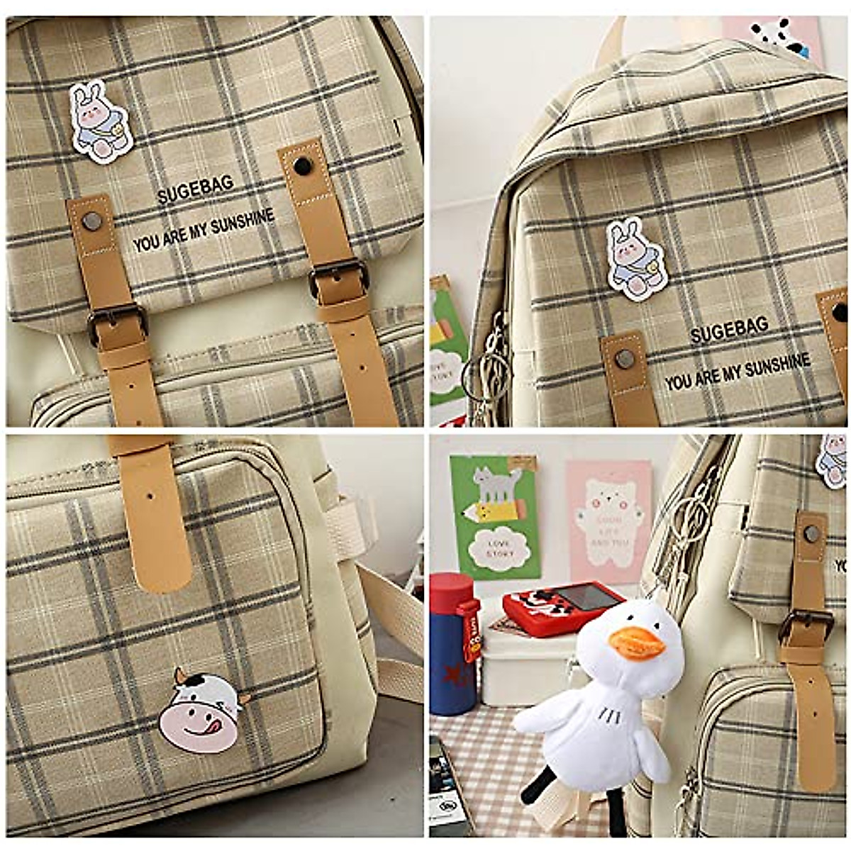 DAHUOJI 5Pcs Kawaii Backpack Set with Badge & Duck Pendant,Japanese Aesthetic Check Bookbag for Girls Cute Plaid School Bags Comes with Tote Bag,Shoulder Bag,Pencil Box,Small Bag(Pink,16in)