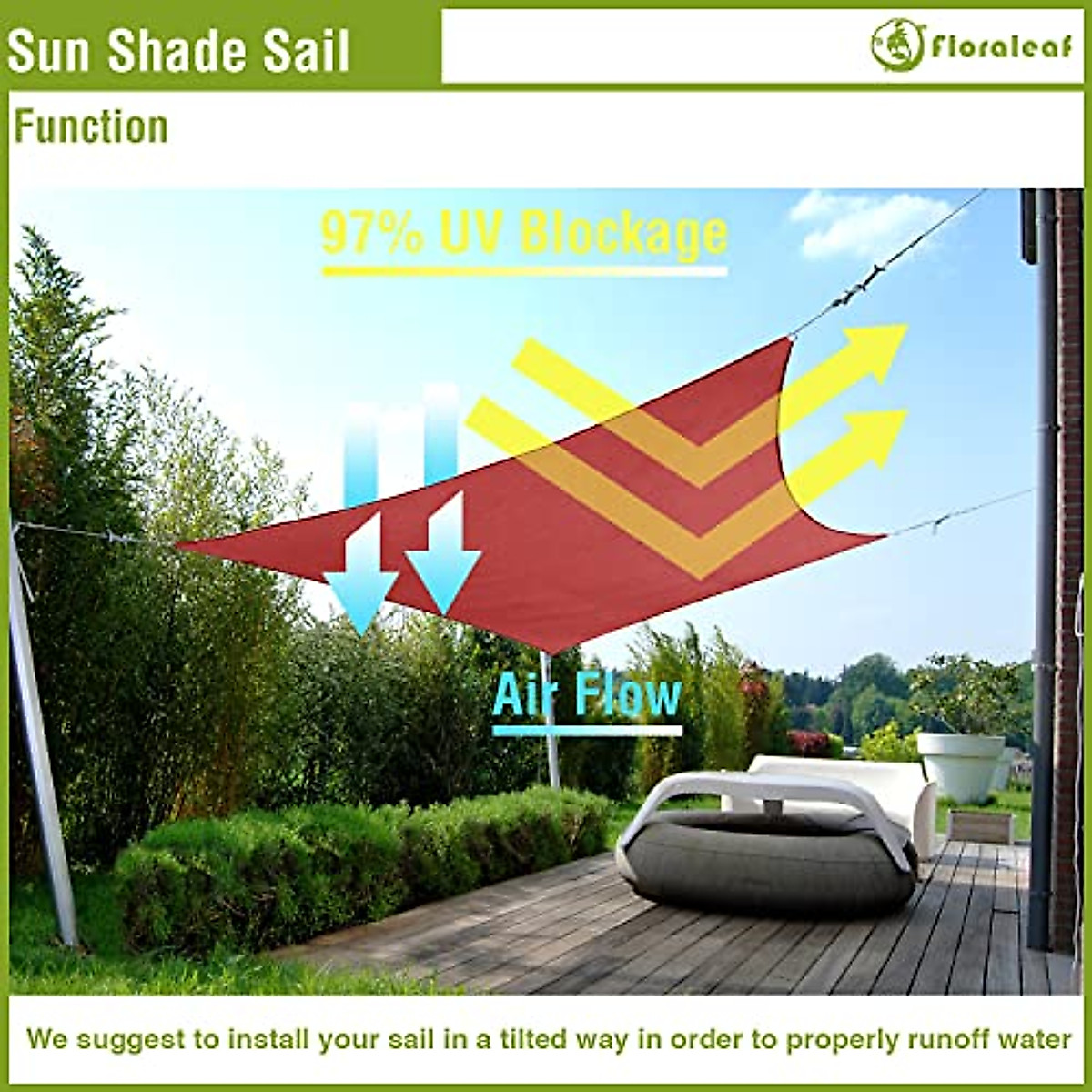 FLORALEAF Sun Shade Sail 16' X 24' Rectangular Terylene Waterproof UV Block Canopy 260GSM for Outdoor Patio Lawn Garden Backyard, Red