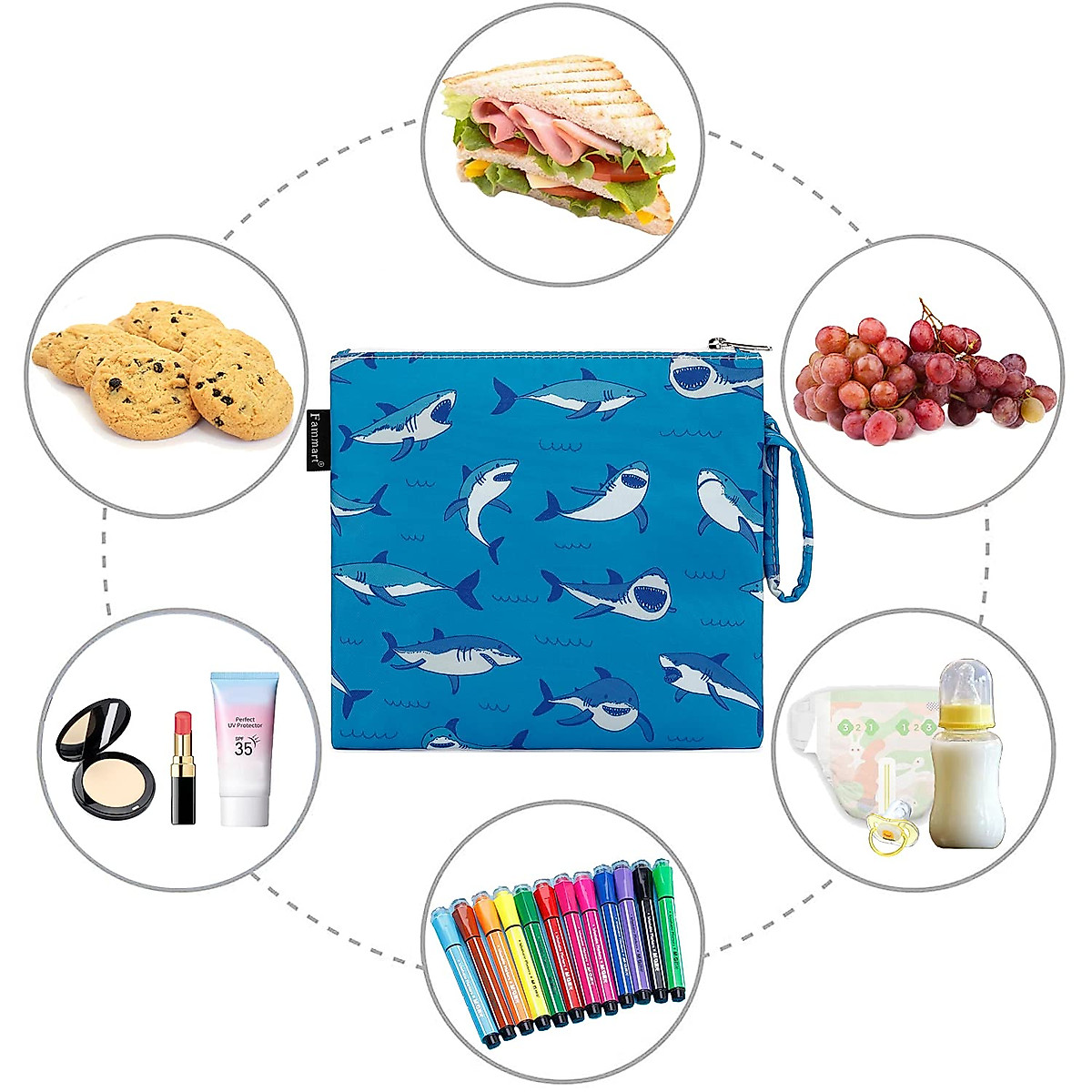 Reusable Sandwich Bag/Snack Bag for Kids & Adults, Dual Layer Lunch Bag with Handle, Washable, Food Safe, BPA Free (1-Pack, Shark)