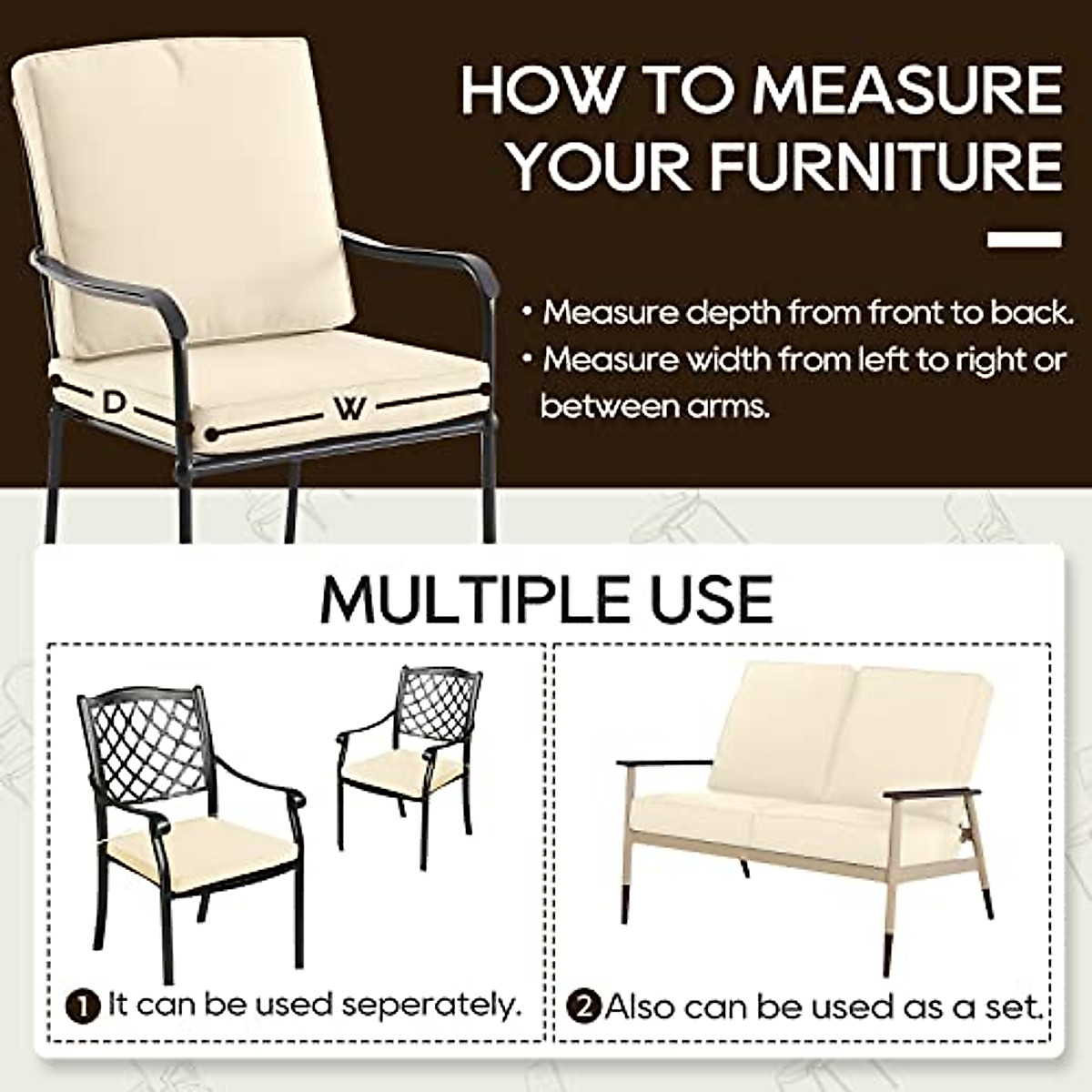 LOVTEX 19x19 Outdoor Chair Cushions Set of 2, Waterproof Patio Cushions for Outdoor Furniture with Removable Cover, Thick Outdoor Seat Cushions for Chairs with Straps and Portable Handle(Brown)