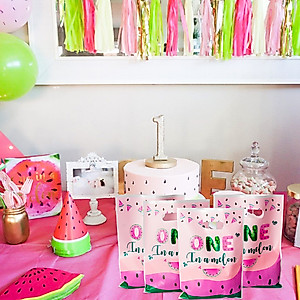 3sscha 50Pcs One in A Melon Party Favor Bag Watermelon Themed Waterproof Goodie Bag with Die Cut Handles Summer Glossy Plastic Candy Gift Bags for Kid First Birthday Baby Shower Decoration Supplies