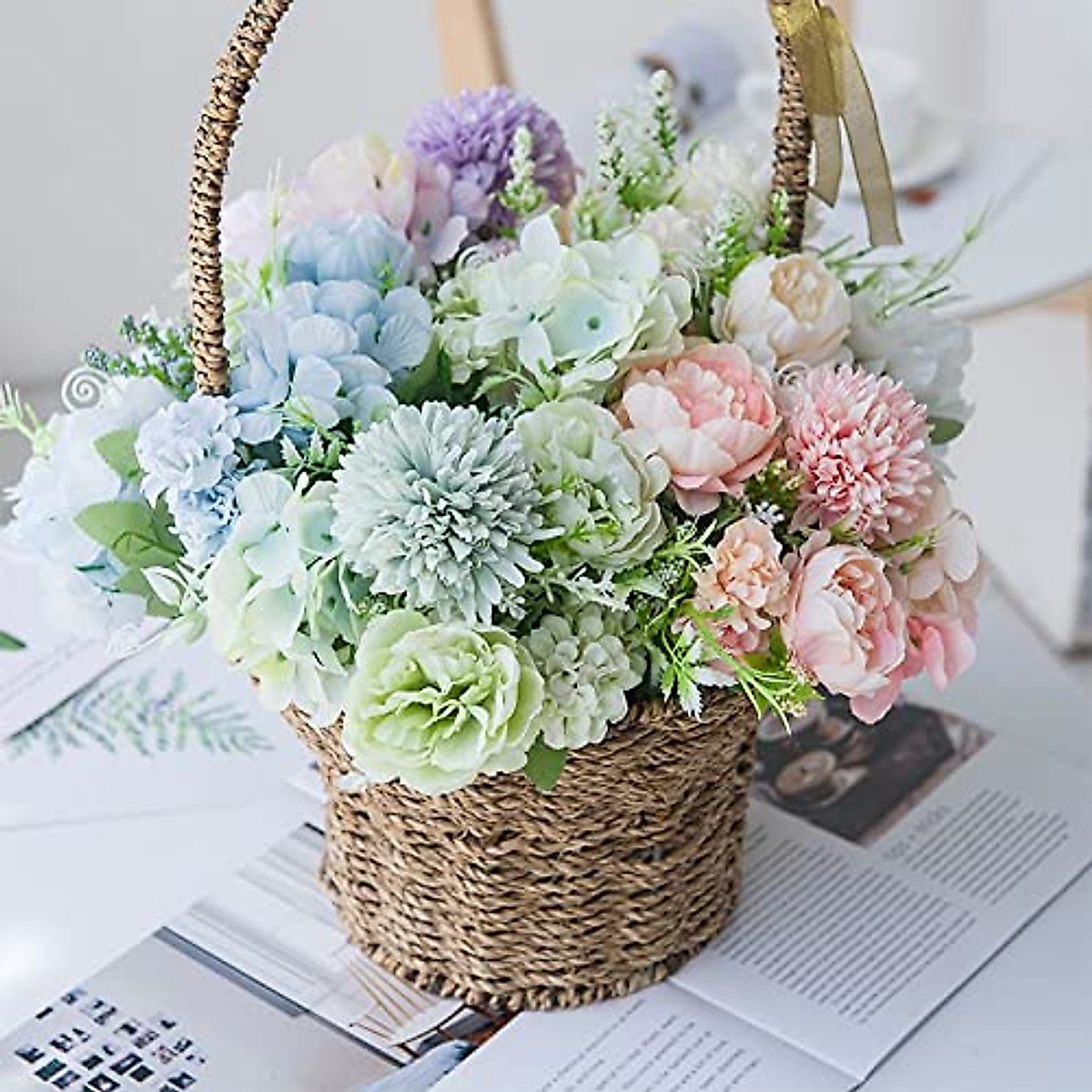 Decpro 2Pcs Artificial Peony Silk Hydrangeas Chrysanthemum Carnations Flower Bouquets for Wedding, Home Office Garden Decoration, Table Centerpieces, Floral Arrangements, Light Green