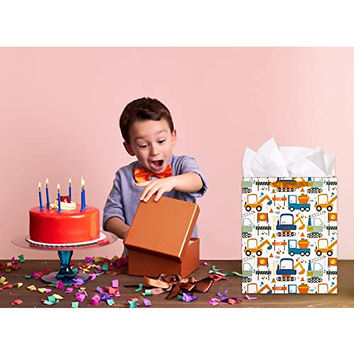 XJF Large Gift Bag with Tissue Paper and Card for Boys,13inch Vehicle Party Gift Bag for Kids,Adults,Birthdays,Kids Parties, Christmas, Holidays, 13inch x 10.5inch x 5.8inch