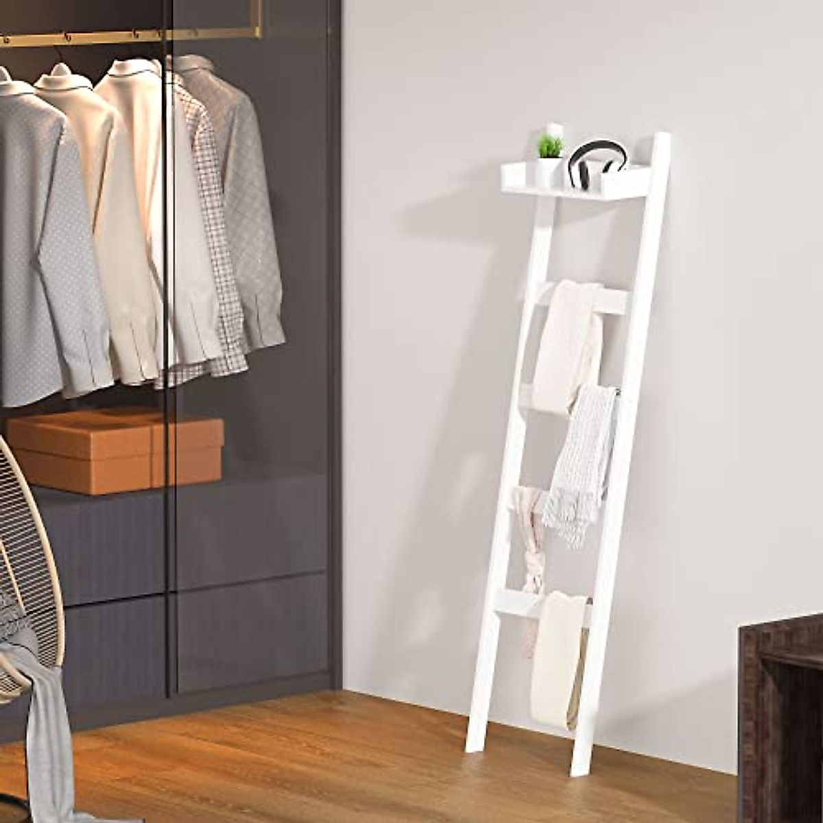 WTZ Blanket Ladder, 5-Layer Towel Racks, with Shelf Board, Blanket Holder with Anti Slip Construction Home Decor, Decorative Blanket, Quilt, Towel, Scarf Ladder Shelves for, Bedroom, Bathroom, White
