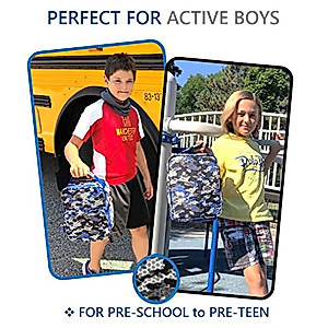Bundle of Camo Lunch-Box for Boys 4 Compartments (Blue Camouflage) + Camo Lunch Box for Boys Kids Men with Ice Pack (Blue Black Camouflage)