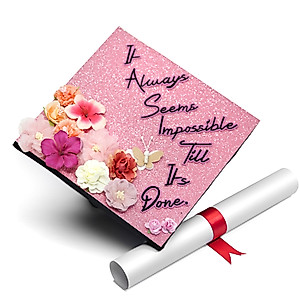 GRADWYSE Pink Glitter Graduation Cap Topper with Flowers, Graduation Cap Decorations, Class of 2024 Grad Cap Topper, It Always Seems Impossible Till It's Done