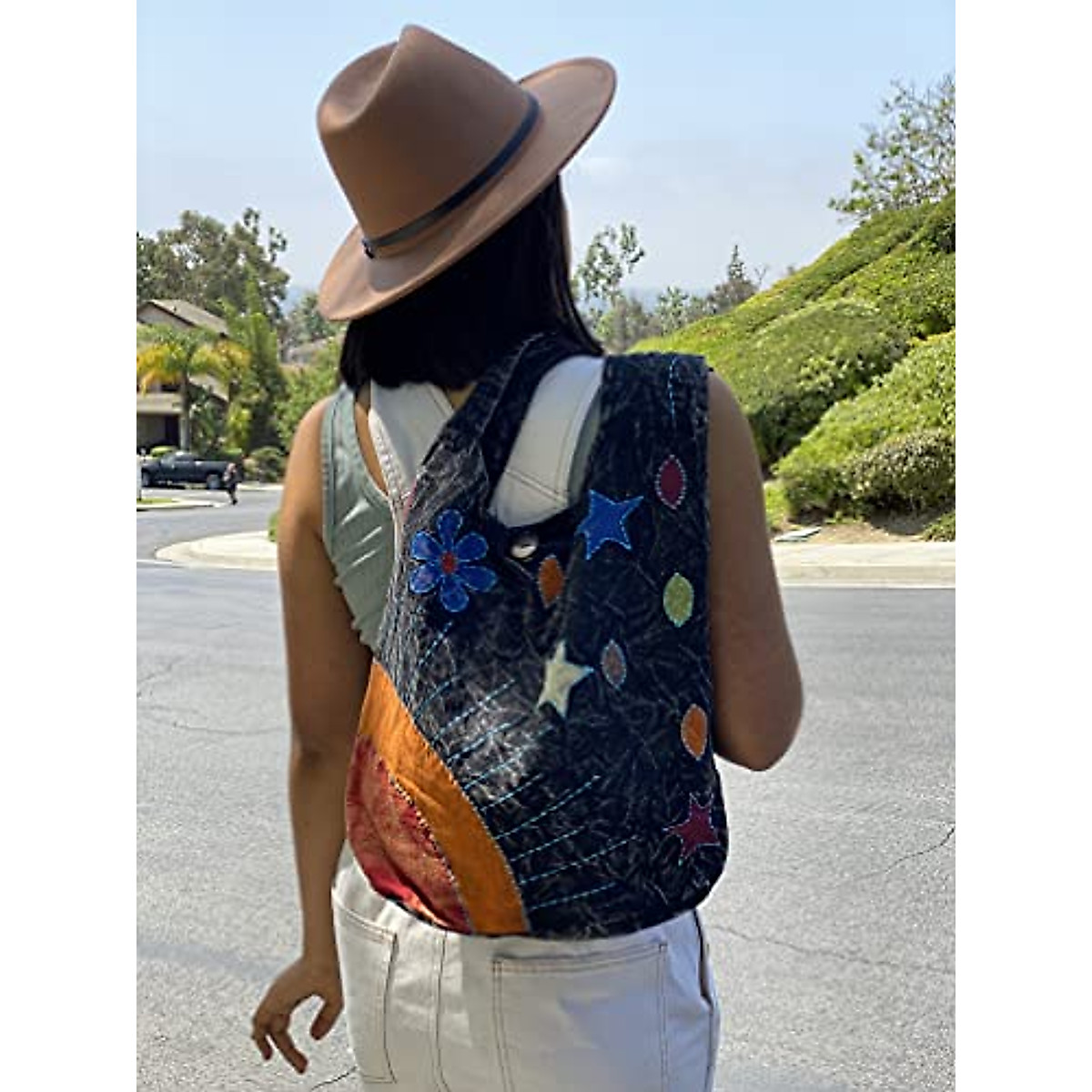 Elements of Nature Bohemian Hand-Stitched Hippie Hippy Shoulder Crossbody Monk Handbag in Black Large