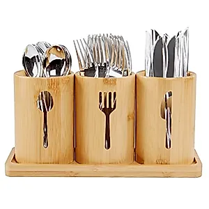 7Penn Standing Utensil Organizer Caddy - 3 Cup Bamboo Countertop Utensil Holder for Party Camping and Kitchen
