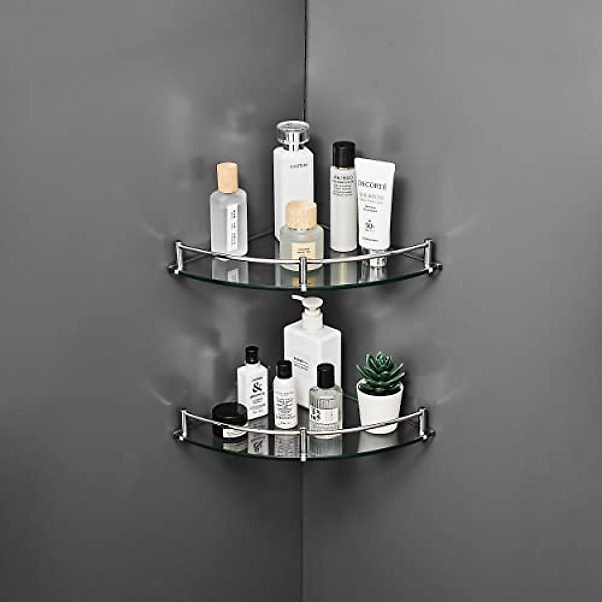 Paradmas Glass Corner Shower Shelf 2 Pack - Shower Caddy Tempered Glass Shower Rack with Rails SUS 304 Wall Mounted Bathroom Shower Organizer for Inside Shower, 24cmx24cmx6mm, Silver