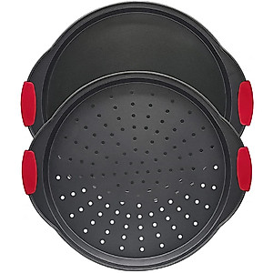 VDGPWA 12 Inch Non-Stick Pizza Tray-With Silicone Handle,Carbon Steel Without Hole and With Hole Pizza Tray,Round Pizza Bakeware Crisper Pan for Home Baking,Kitchen,Restaurant Oven (2 Pack)