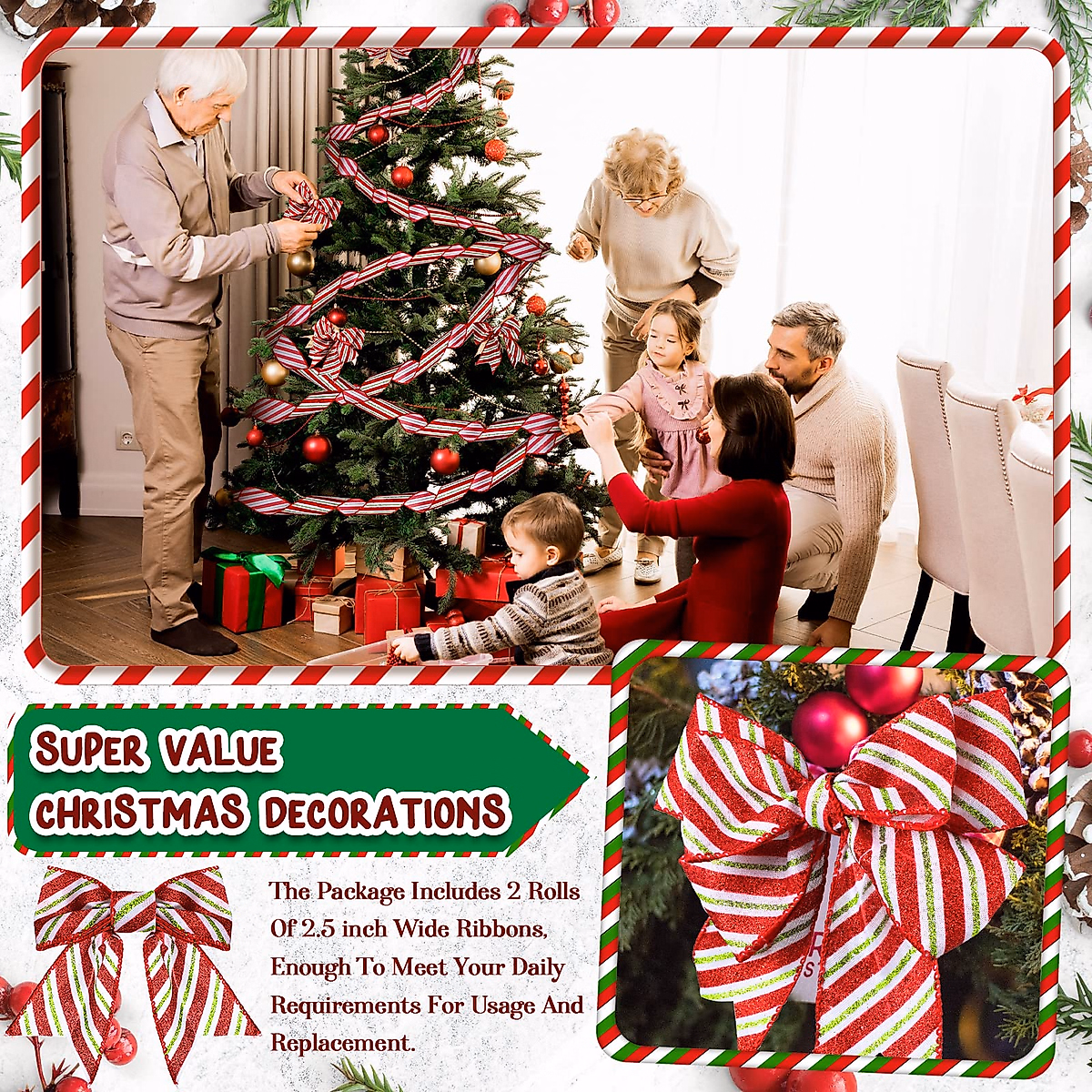 2 Rolls Christmas Wired Ribbon Red Green Stripe Glitter Ribbon Xmas Wrapping Burlap Decor for Home Party DIY Craft Bows, 2.5 Inch 20 Yards (White)