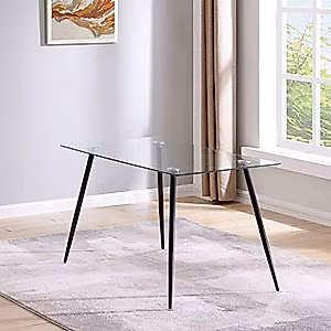 IDS Home Office Furniture Contemporary Computer Desk, 0.31” inch Tempered Transparent Glass Tabletop Writing Table (Black Metal Legs Frame)