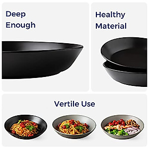 AmorArc 9.5'' Stoneware Pasta Bowls, 38oz Large Wide Salad Serving Bowls Set of 4 for Pasta Salad Snacks Bread Meal, Microwave Safe Flat bowls for Kitchen, Matte Black