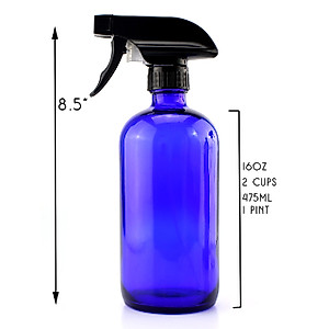 16oz Glass Bottles w/Heavy Duty Sprayers - Three Pack Bundle (1 Cobalt Blue, 1 Amber, 1 Clear); Boston Round; 3-Setting Spray Tops + Black Lids