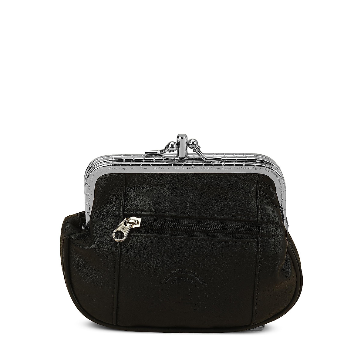 Women's Leather Metal Frame Double Clasp Zipper Coin Purse 5 1/4" x 3 1/4" (Black)