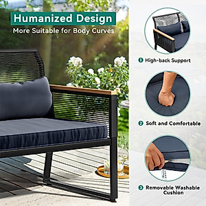 YITAHOME Patio Loveseat Wicker Outdoor Furniture, All Weather Rattan Conversation Loveseat for Backyard, Balcony and Deck with Wooden Armrest, Dark Gray Cushions (Dark Gray)