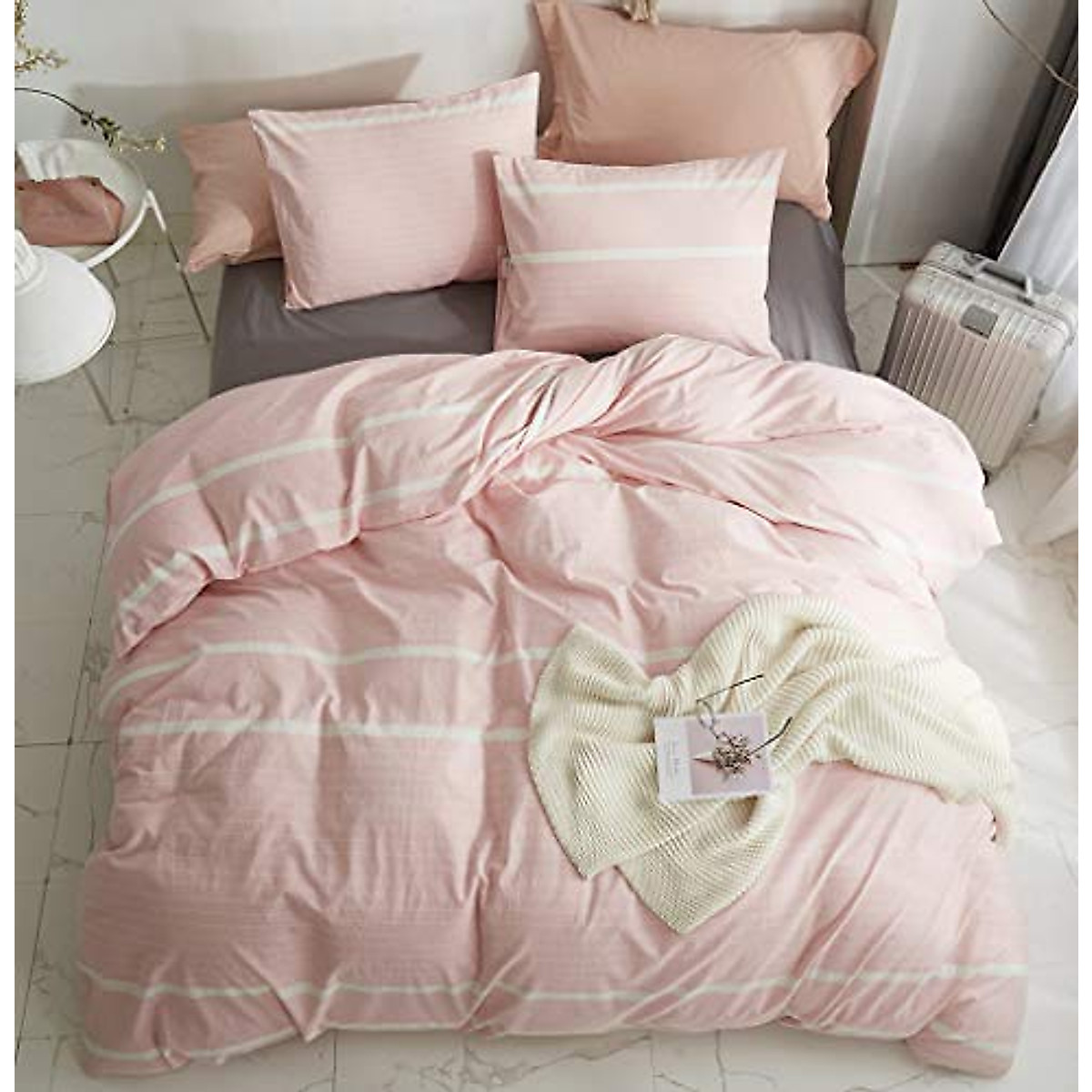 HYPREST 100% Cotton Duvet Cover Queen - Pink Striped Duvet Cover Soft Comfortable Cute Light Pink Comforter Cover Bedding Set