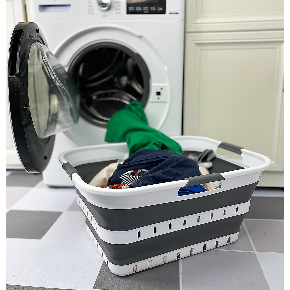 SAMMART Collapsible Plastic Rectangular Laundry Basket - Foldable Pop Up Storage Container/Organizer - Portable Laundry Hamper - Space Saving (White/Steel Grey, 42L)