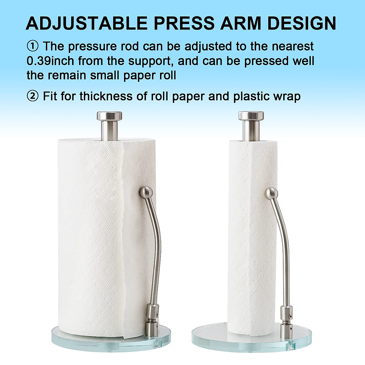 Kitchen Paper Towel Holder - LUKA Glass Weighted Base Modern Paper Towel Standing Fits Standard & Jumbo Rolls; Adjustable Spring Arm Upright Easy Tear Paper Towel Dispenser for Countertop Tables