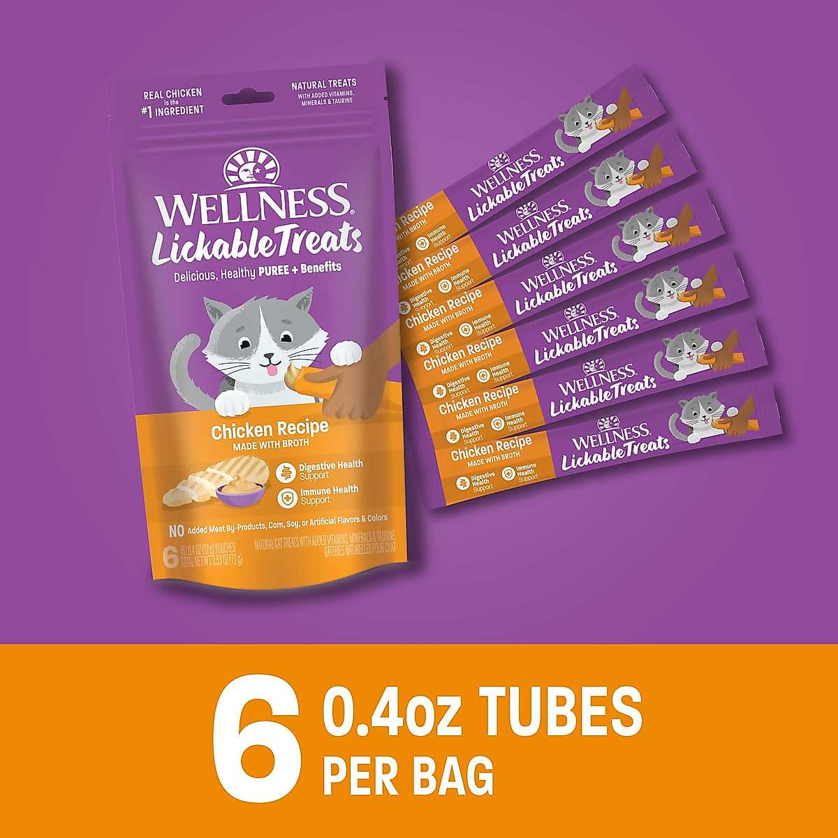 Wellness Lickable Treats Soft Puree Natural Grain Free Adult Cat Treats, Chicken Recipe, Contains 6-0.4 Ounce Squeezable Tubes