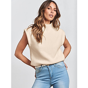 ANRABESS Women's Mock Neck Sleeveless Sweater Vest Casual Cap Sleeve Knit Pullover Tank Tops 2024 Spring Summer Clothes Apricot-L