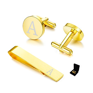 Diamday Initial Cufflinks and Tie Clip Set for Men Personalized Gold Stainless Steel Cuff links and Tie Bar Letter Alphabet A Gift with Box for Wedding, Groomsmen, Husband,Father