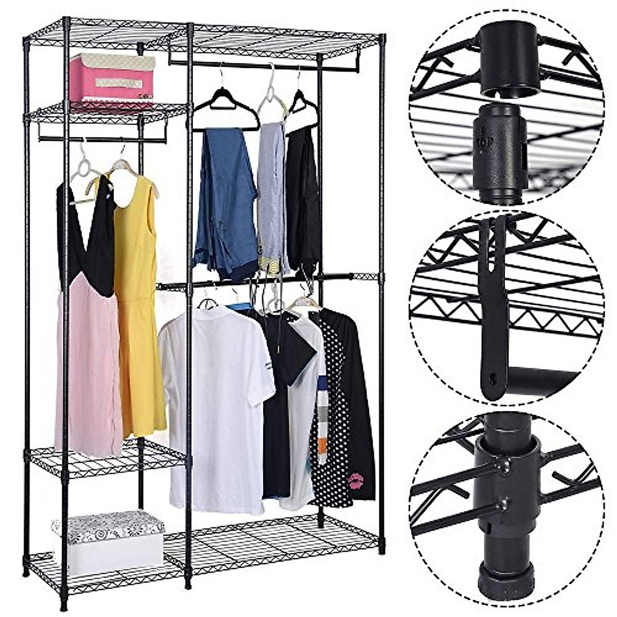 Wire Garment Rack 4-Tiers Heavy Duty Clothes Rack Large Size Clothing Rack with 3 Hanging Rods,Metal Freestanding Closet Wardrobe Rack, Black
