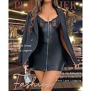 Genhoo Wommen Black Lingerie Mini Dress Zip Up Leather Teddy Dress Backless Mesh Chemises Goth Clubear Babydoll S