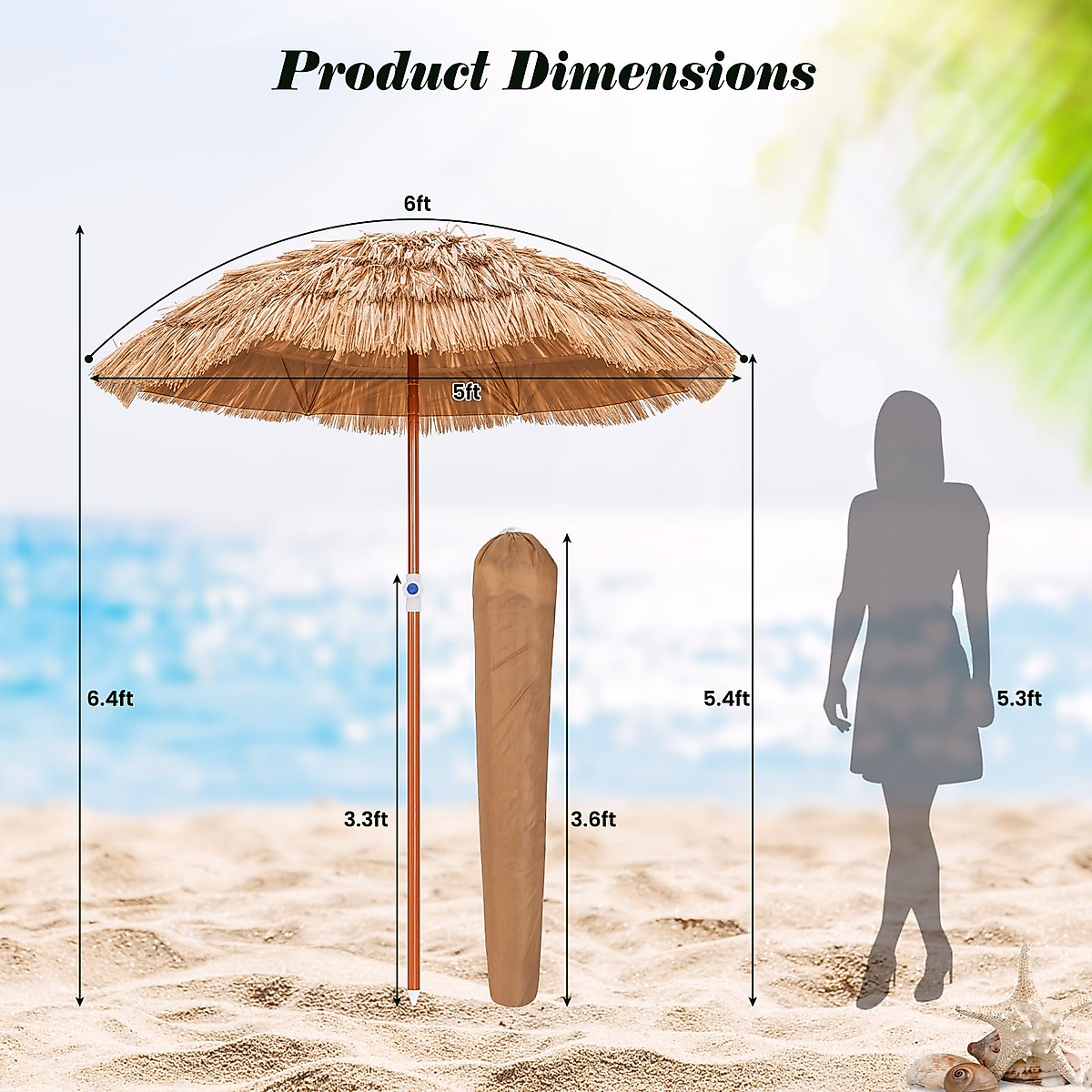 Tangkula 6ft Thatched Patio Umbrella, Hawaiian Tiki Umbrella with Carrying Bag, Tilt Design, Foldable & Portable Outdoor Market Table Umbrella, Tropical Beach Umbrella for Beach Patio Garden Poolside