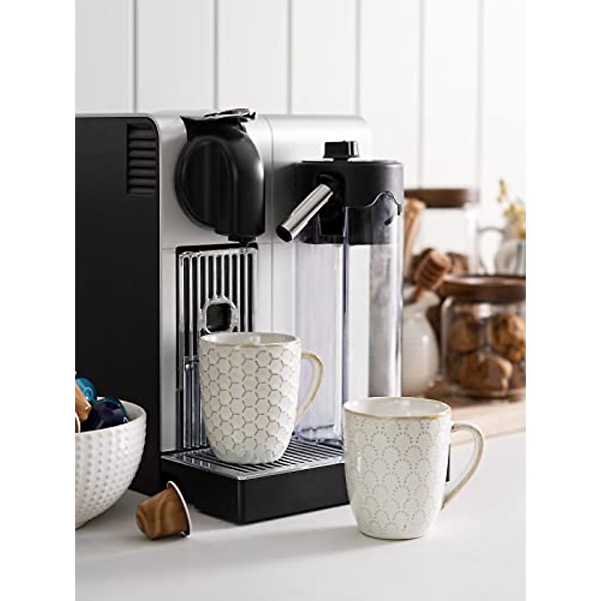 LE TAUCI Coffee Mugs 7 oz, Espresso Cups, Embossment Housewarming Gift, Ceramic Demitasse Cup for Double Shot, Latte, Cappuccino, Lungo, or As Kids Mugs with Handle - 2.7 inch, Set of 4, Arctic White