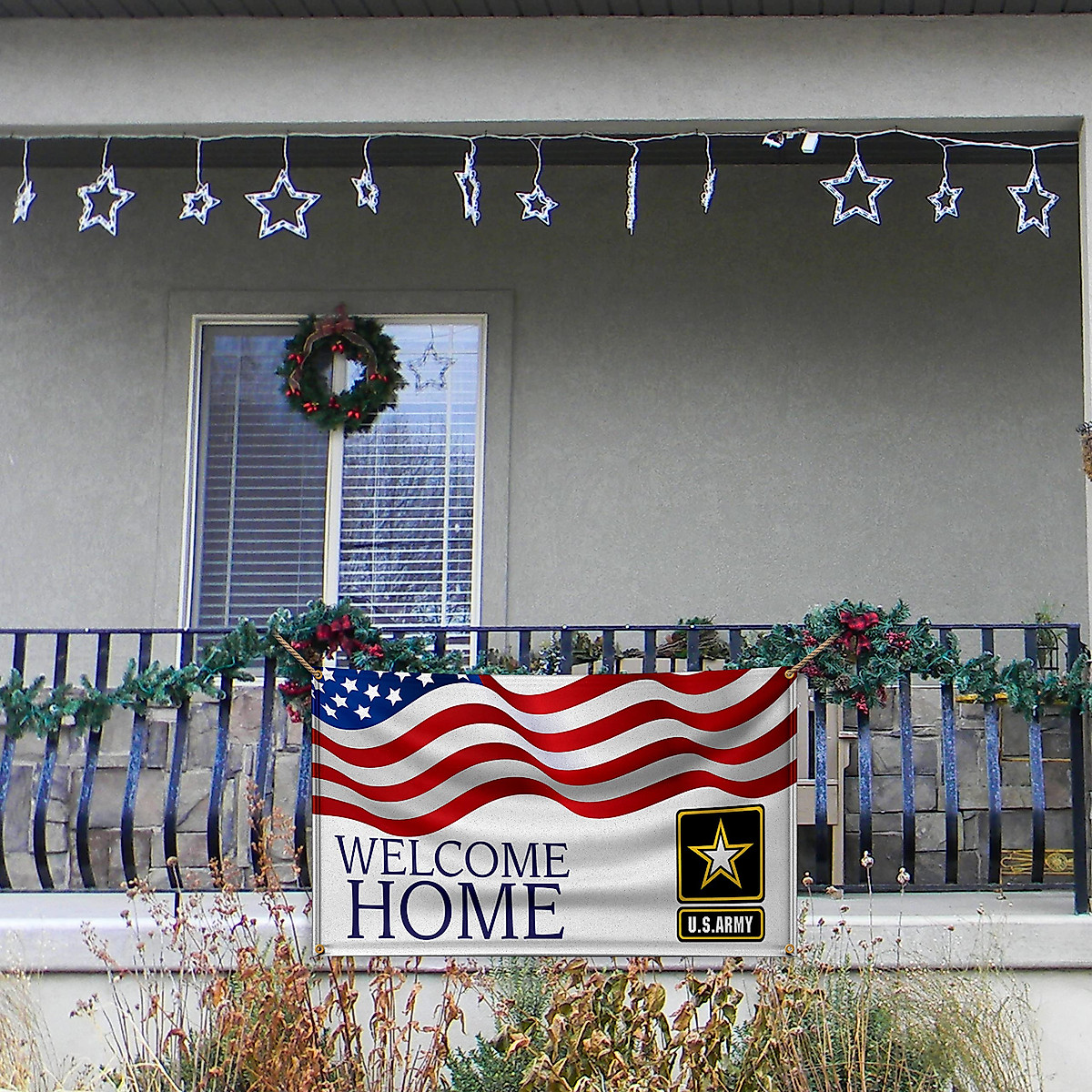 BannerBuzz Vinyl Banner, Welcome Home US Army, PVC Flex, 11 oz, Hemmed Edges with Grommets, Single Sided Print, Full Color 600DPI Eco Solvent Printing (6' X 3')
