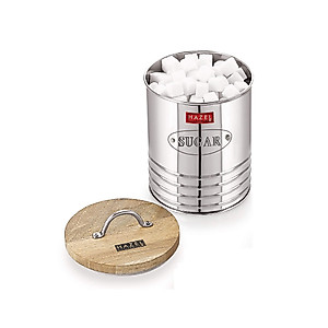 HAZEL Stainless Steel Sugar Storage Jar Container With Wood Lid, 2250 ML, Silver